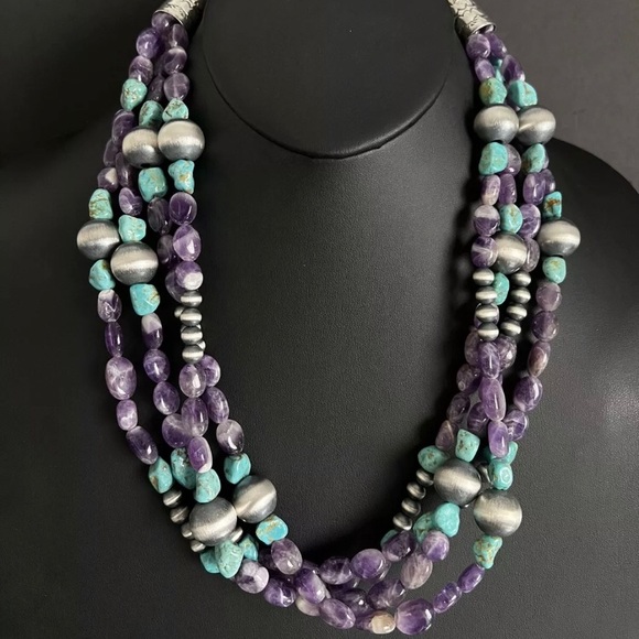Jewelry | Sterling Silver Multi Strand Amethyst Turquoise W Pearls Bead ...